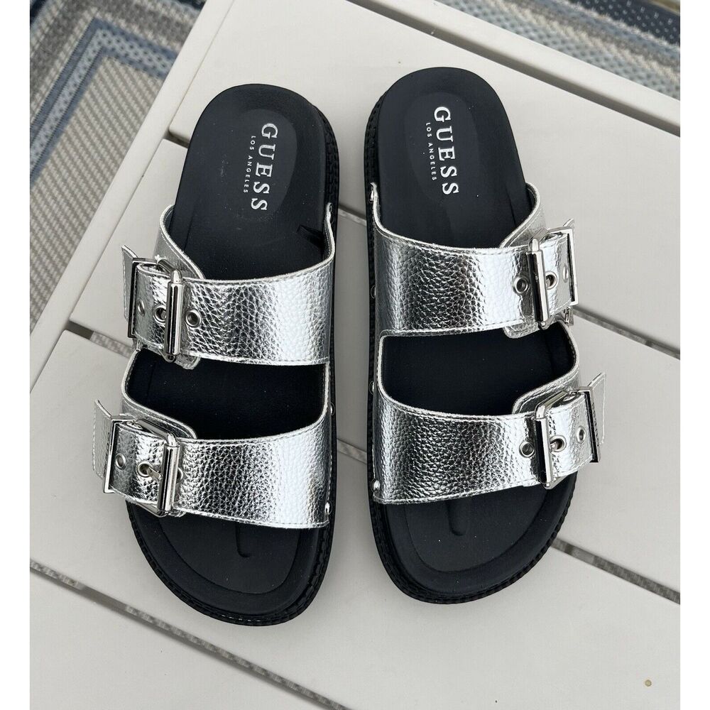 Guess Metallic 2 Strap Slip On Slides - Size 7 - Silv… - Gem